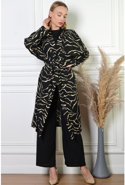 Pinkmark Kadın Siyah Bej Baskılı Tesettür Kimono PMCK25373