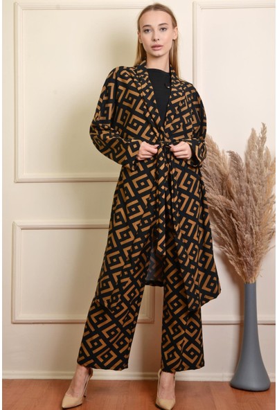 Pinkmark Kadın Kahverengi Siyah Baskılı Tesettür Kimono PMCK25370