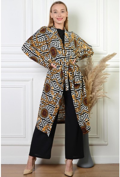Pinkmark Kadın Siyah Beyaz Baskılı Tesettür Kimono PMCK25372