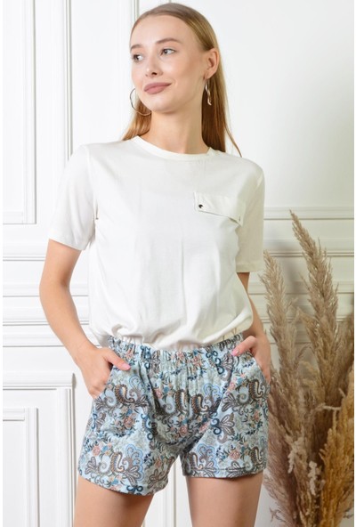 Pinkmark Kadın Çiçek Desenli Mavi Lastikli Cepli Pijama Şort PMPT25311