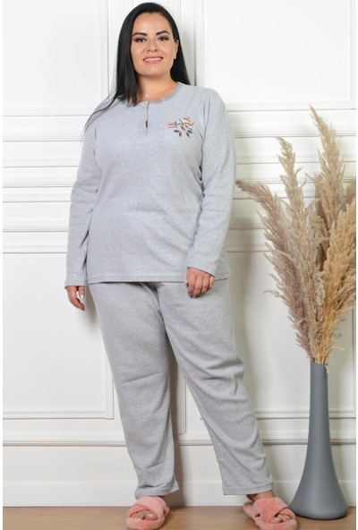 Pinkmark Kadın Düğmeli Nakış Detaylı Gri Büyük Beden Pijama Takımı PMTK25340