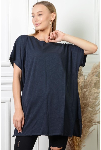 Pinkmark Kadın Büyük Beden Salaş Yırtmaçlı Lacivert Bluz PMBL25319
