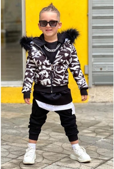 Riccotarz Erkek Çocuk Mix Color Kapüşonu Kürklü Siyah Mont