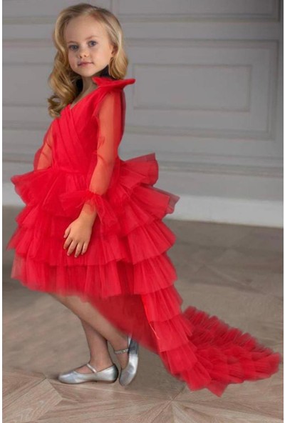 Riccotarz Kız Çocuk Kolları Tüllü Fiyonk Detaylı Tak Çıkar Kuyruklu Kırmızı Kabarık Abiye