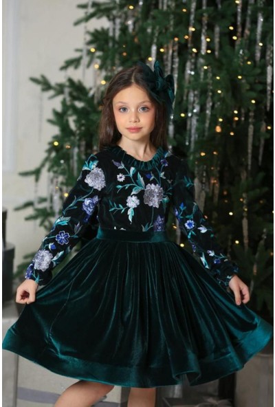 Riccotarz Kız Çocuk First Lady Çiçek Işlemeli Broşlu Zümrüt Kadife Abiye