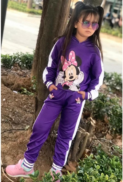 Riccotarz Kız Çocuk Şerit Detaylı Kapüşonlu Minnie Mouse Mor Eşofman Takım