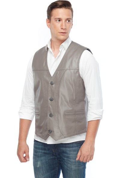 Deriza Puntolu Taupe Deri Yelek