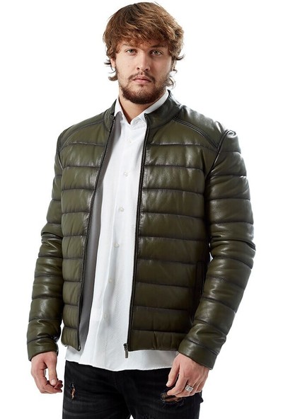 Deriza Yeşil Şişme Erkek Deri Mont
