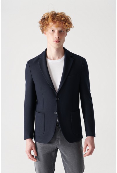 Avva Erkek Lacivert Mono Yaka Düz Slim Fit Torba Cepli Ceket A12Y4047