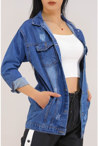 Combinkazak Yırtıklı Boyfrend Kot Ceket Mavi