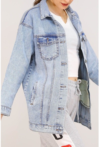 Combinkazak Yırtıklı Boyfrend Kot Ceket Buzmavi