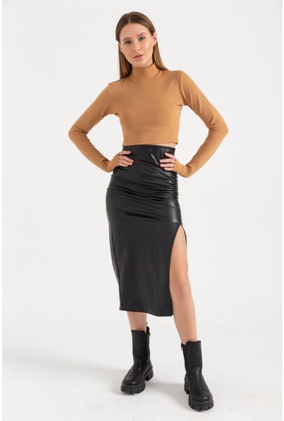 Long Leg Kadın Deri Etek