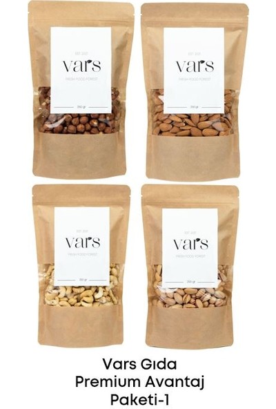 Vars Gıda Premium Avantaj Paketi-1 (Çiğ Fındık, Çiğ Badem, Çiğ Kaju, Kav. Siirt Fıstığı) 1 kg