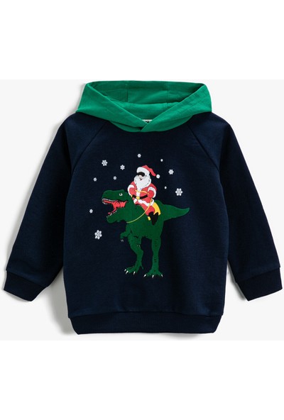 Koton Yılbaşı Temalı Baskılı Kapşonlu Sweatshirt Uzun Kollu