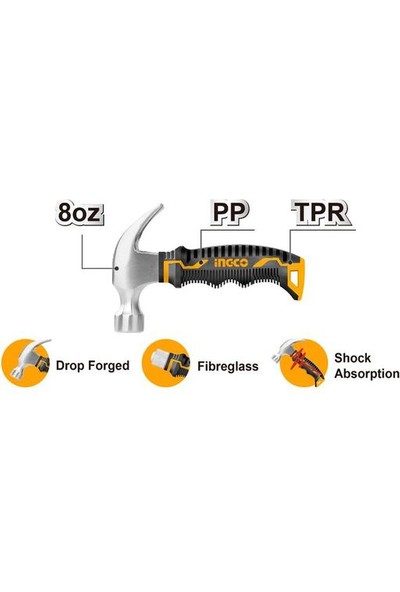 Ingco Fiberglass Saplı Mini Çatal Çekiç HMCH80808D