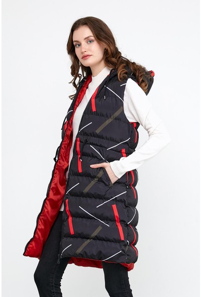 Mossta Kapüşonlu Line Design Uzun Şişme Yelek Siyah Mossta Kapüşonlu Line Design Uzun Şişme Yelek Siyah