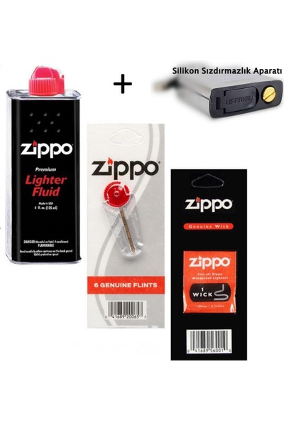 Zippo Çakmak Benzin + Taş + Fitil + Silikon Sızdırmazlık Aparatı