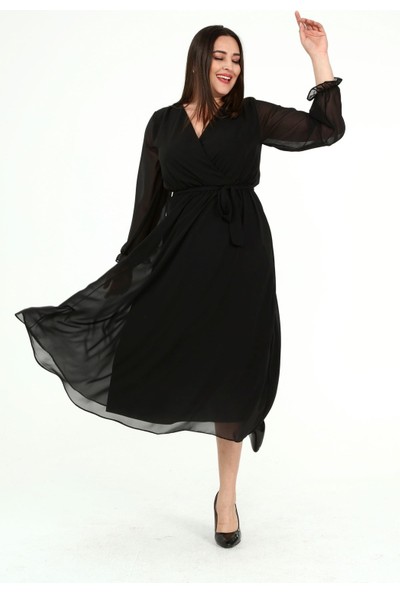 Modayız Uzun Kol Büyük Beden Şifon Elbise 26B-1928