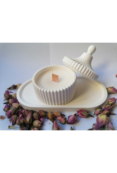 Alaçatı Art Boutique Dekoratif Kapaklı Kavanoz Kokulu Soya Mumu ve Sunum Altlığı