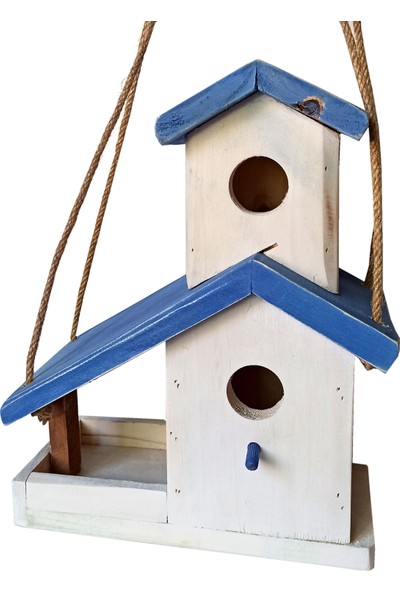 Mim Ahşap Askılı Iki Katli Kuş Evi ve Besleyici (Beyaz-Mavi)