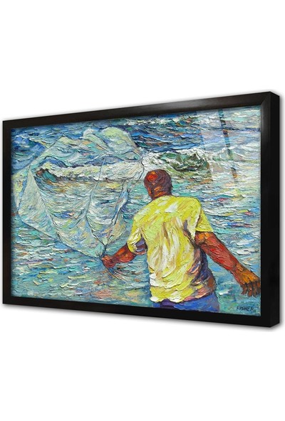 Tablosan Balık Ağı Atan Balıkçı Çerçeveli Cam Tablo