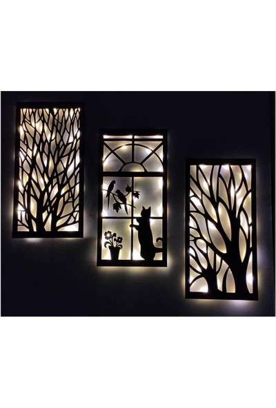 Başarı Atölye Ahşap Işıklı Dekoratif 3'lü Duvar Tablosu