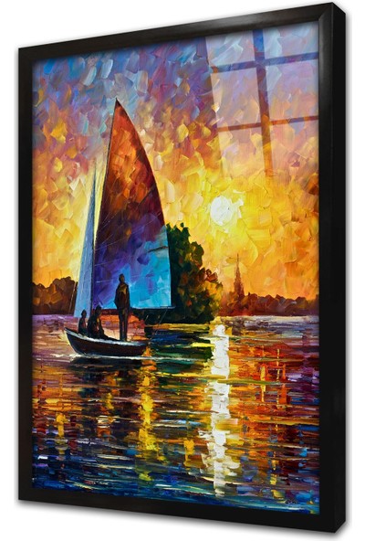 Tablosan Gün Batımı Yelkenli Çerçeveli Cam Tablo