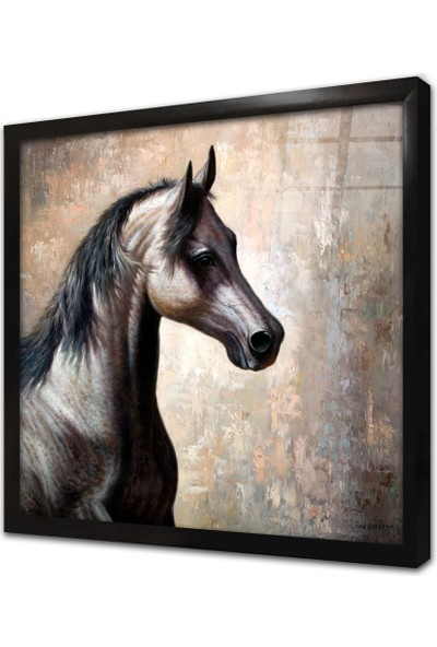 Tablosan Siyah At Portre Çerçeveli Cam Tablo