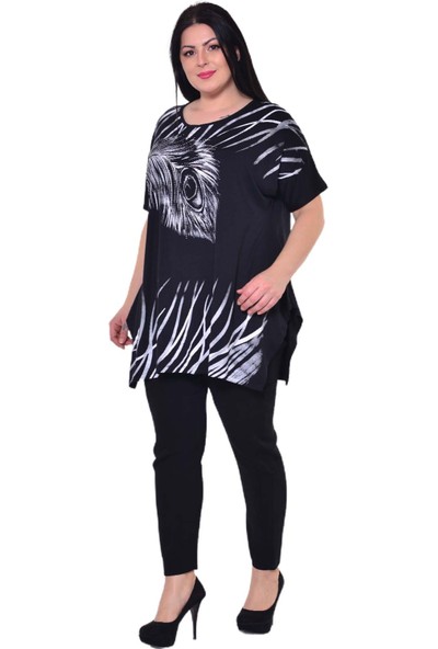 Kadın Büyük Beden Siyah Yırtmaçlı Taşlı Tüy Desenli Baskılı Kısa Kollu Tunik ÖTU-7785