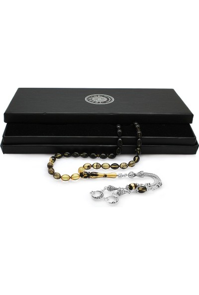 Tesbihane Kararmaz Metal Ayyıldız Püsküllü Arpa Kesim Süzme Siyah-Beyaz Ateş Kehribar Tesbih