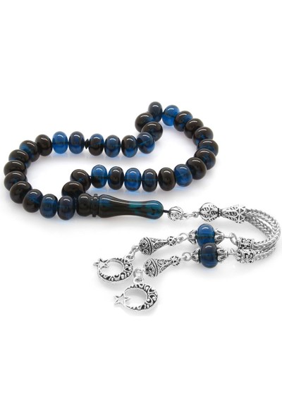 Tesbihane Kararmaz Metal Ayyıldız Püsküllü Tekerlek Kesim Süzme Mavi-Siyah Sıkma Kehribar Tesbih