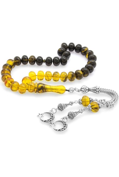 Tesbihane Kararmaz Metal Ayyıldız Püsküllü Tekerlek Kesim Süzme Sarı-Siyah Ateş Kehribar Tesbih