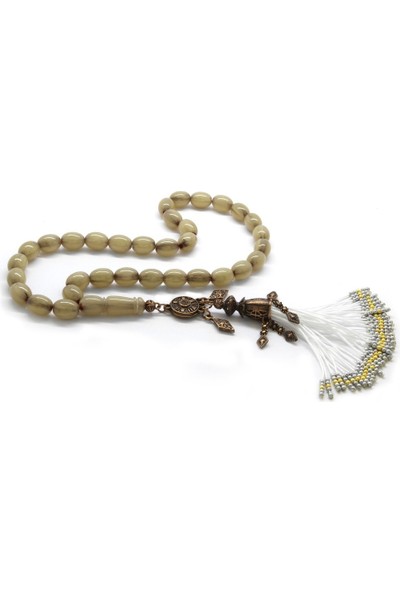 Tesbihane Antik Bakır Osmanlı Saray Püsküllü Kesme Kesim Osmanlı Benzetmesi Beyaz-Siyah Çubuk Sıkma Kehribar