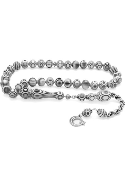 Tesbihane 925 Ayar Gümüş Halat Püsküllü Küre Kesim Arizona Galalit Tesbih