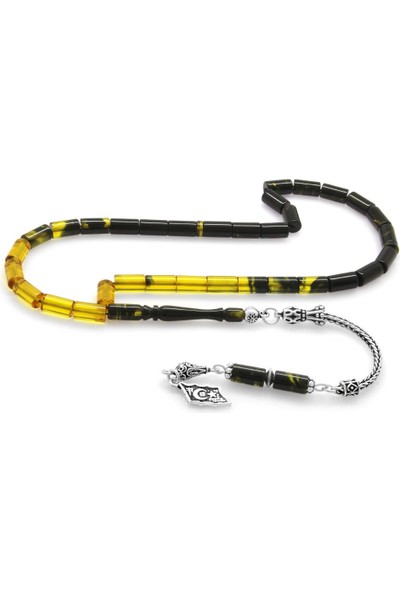 Tesbihane 925 Ayar Gümüş Püsküllü Kesme Kesim Süzme Sarı-Siyah Ateş Kehribar Tesbih