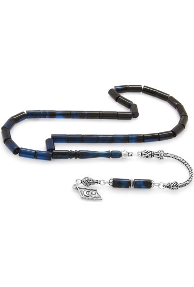 DAVİD BLACK 925 Ayar Gümüş Püsküllü Kesme Kesim Süzme Mavi-Siyah Sıkma Kehribar Tesbih