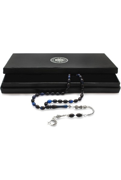 DAVİD BLACK Ayyıldız Kararmaz Metal Püsküllü Arpa Kesim Mavi-Siyah Sıkma Kehribar Tesbih