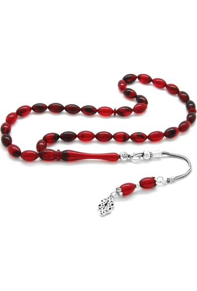 Tesbihane 925 Ayar Gümüş Püsküllü Bilek Boy Kırmızı-Siyah Ateş Kehribar Tesbih