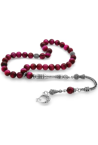 Tesbihane Kararmaz Metal Püsküllü Küre Kesim Fuşya Renk Kaplangözü Doğaltaş Tesbih