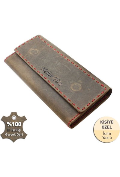 Tesbihane Magnet Kapaklı Kırmızı Ipten Tamamı El Dikişi Kahve Crazy Dana Derisi Cüzdan