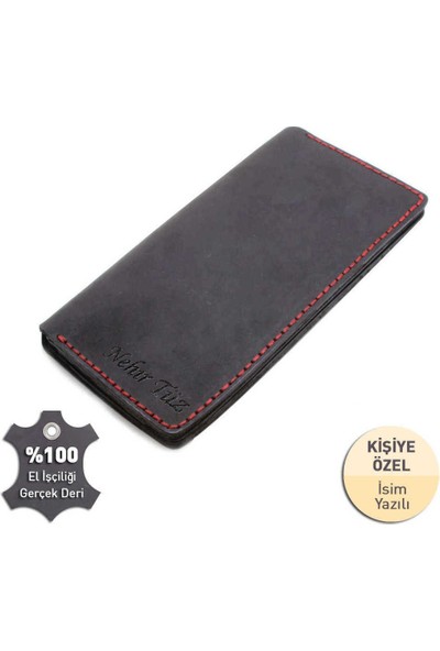 Tesbihane Kırmızı Ipten Tamamı El Dikişi Siyah Crazy Dana Derisi Cüzdan