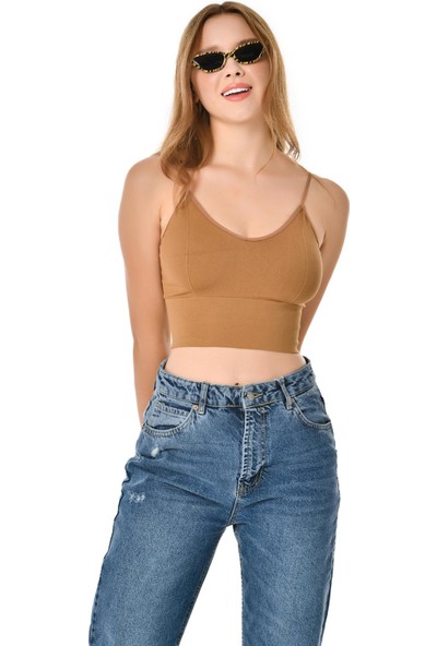 Kadın Camel Dikişsiz Ip Askılı Crop Top