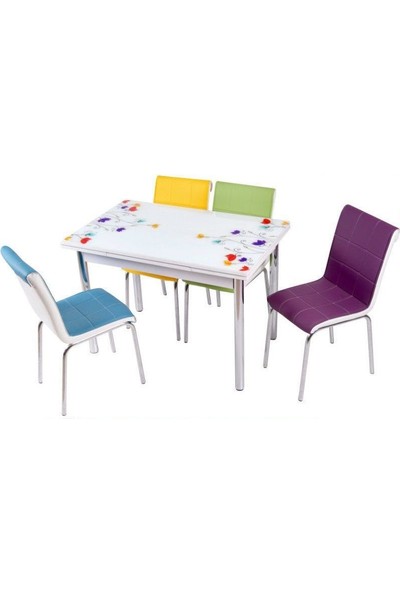 Osmanlı Mobilya Mutfak Masa Sandalye Takımı 4 Sandalyeli Renkli Lale