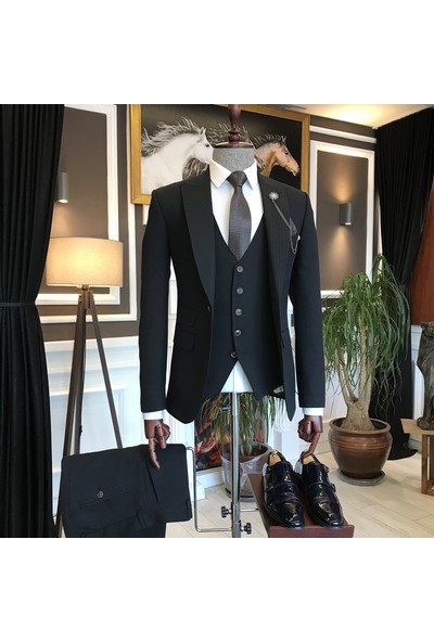Terzi Adem Italyan Stil Slim Çizgili Ceket Yelek Pantolon Takım Elbise Siyah T6654 Terzi Adem Italyan Stil Slim Çizgili Ceket Yelek Pantolon Takım Elbise Siyah T6654