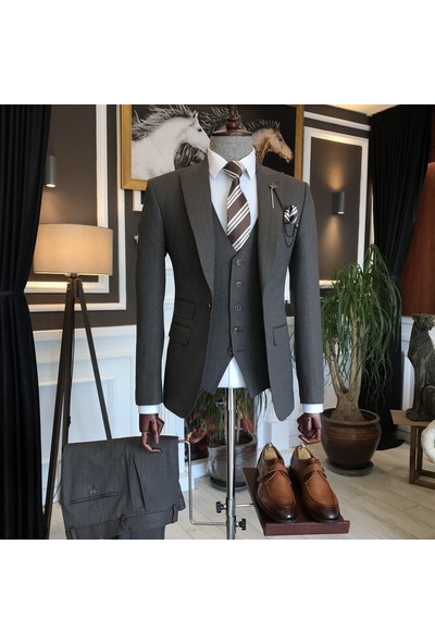 Terzi Adem Italyan Stil Slim Çizgili Ceket Yelek Pantolon Takım Elbise Kahverengi T6649 Terzi Adem Italyan Stil Slim Çizgili Ceket Yelek Pantolon Takım Elbise Kahverengi T6649