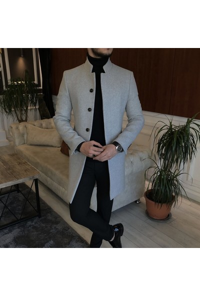 Terzi Adem Italyan Stil Hakim Yaka Yün Kaşe Kaban Gri T6592
