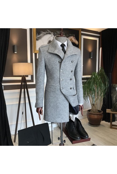 Terzi Adem Italyan Stil Hakim Kruvaze Kaşe Kaban Palto Gri T6499