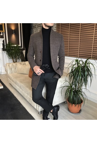 Terzi Adem Italyan Stil Hakim Yaka Yün Kaşe Kaban Kahverengi T6309