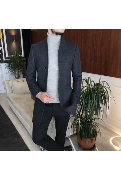 Terzi Adem Italyan Stil Hakim Yaka Yün Kaşe Kaban Gri T6311