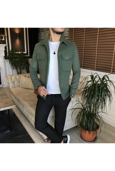 Terzi Adem Italyan Stil Slim Fit Erkek Kaşe Mont Ceket Yeşil T6272